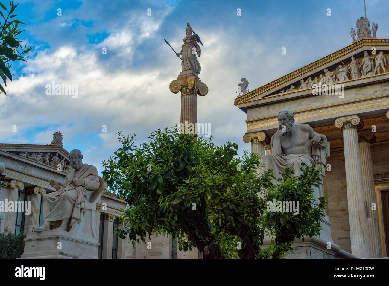 socrates, plato and athena statues at academy of athens Stock Photo - Alamy