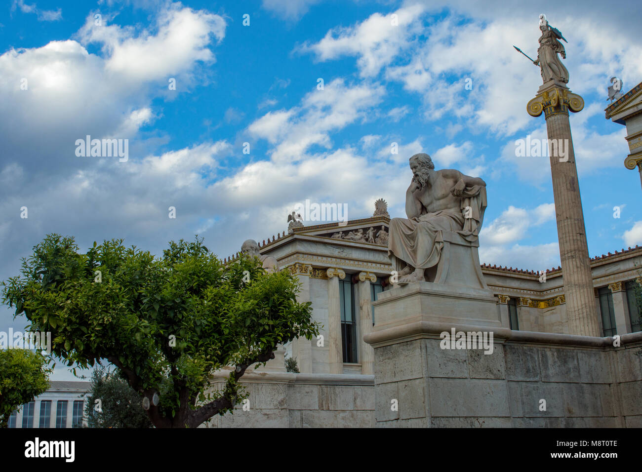 classical statue of Socrates from side with athena statue above Stock ...