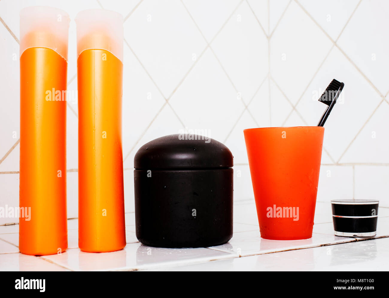 usual stuff in bathroom, shampoo, accessories, black stylish too Stock ...