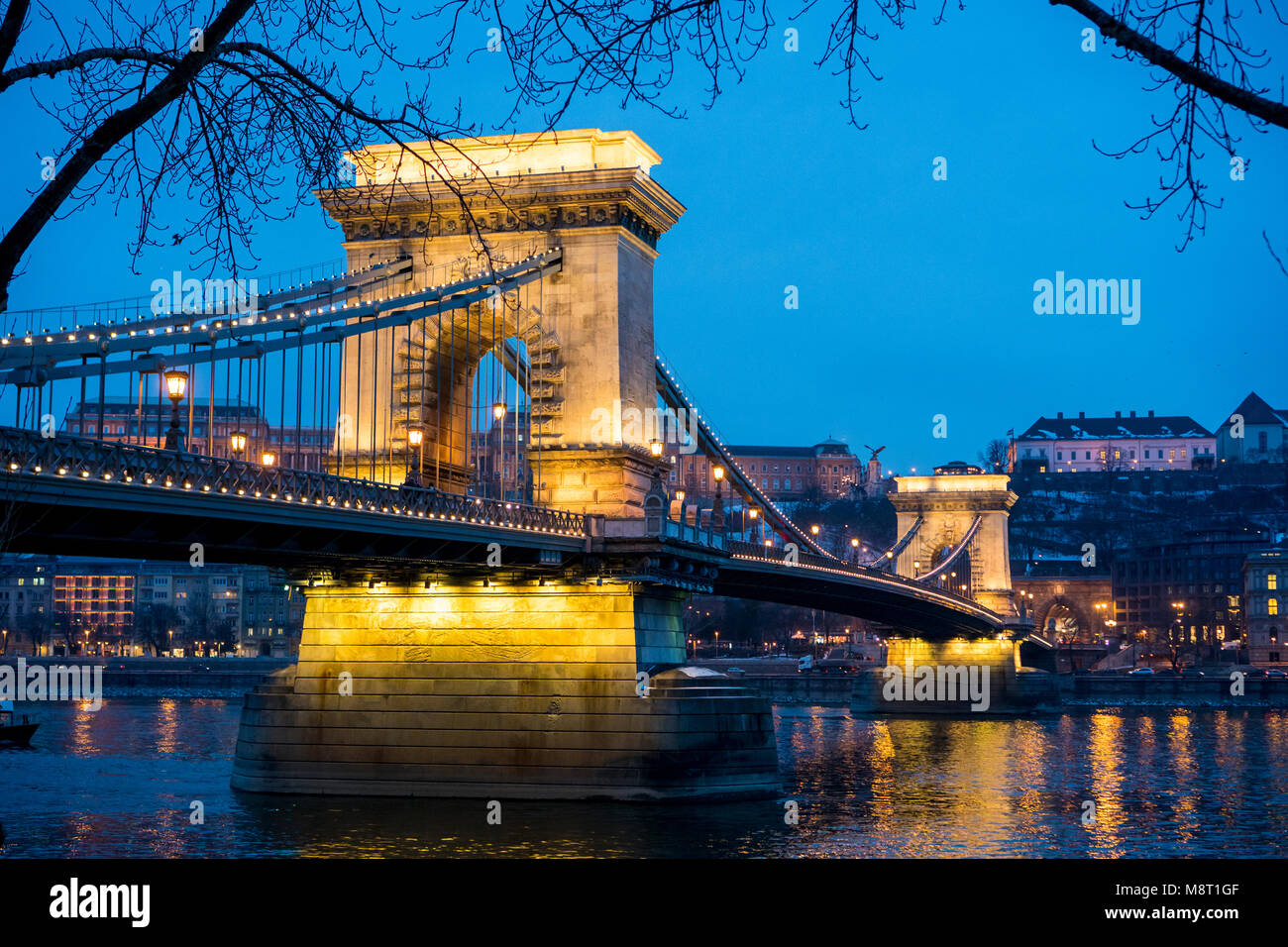 The Chain Bridge in Budapest, capital of Hungary, during the blue hour ...