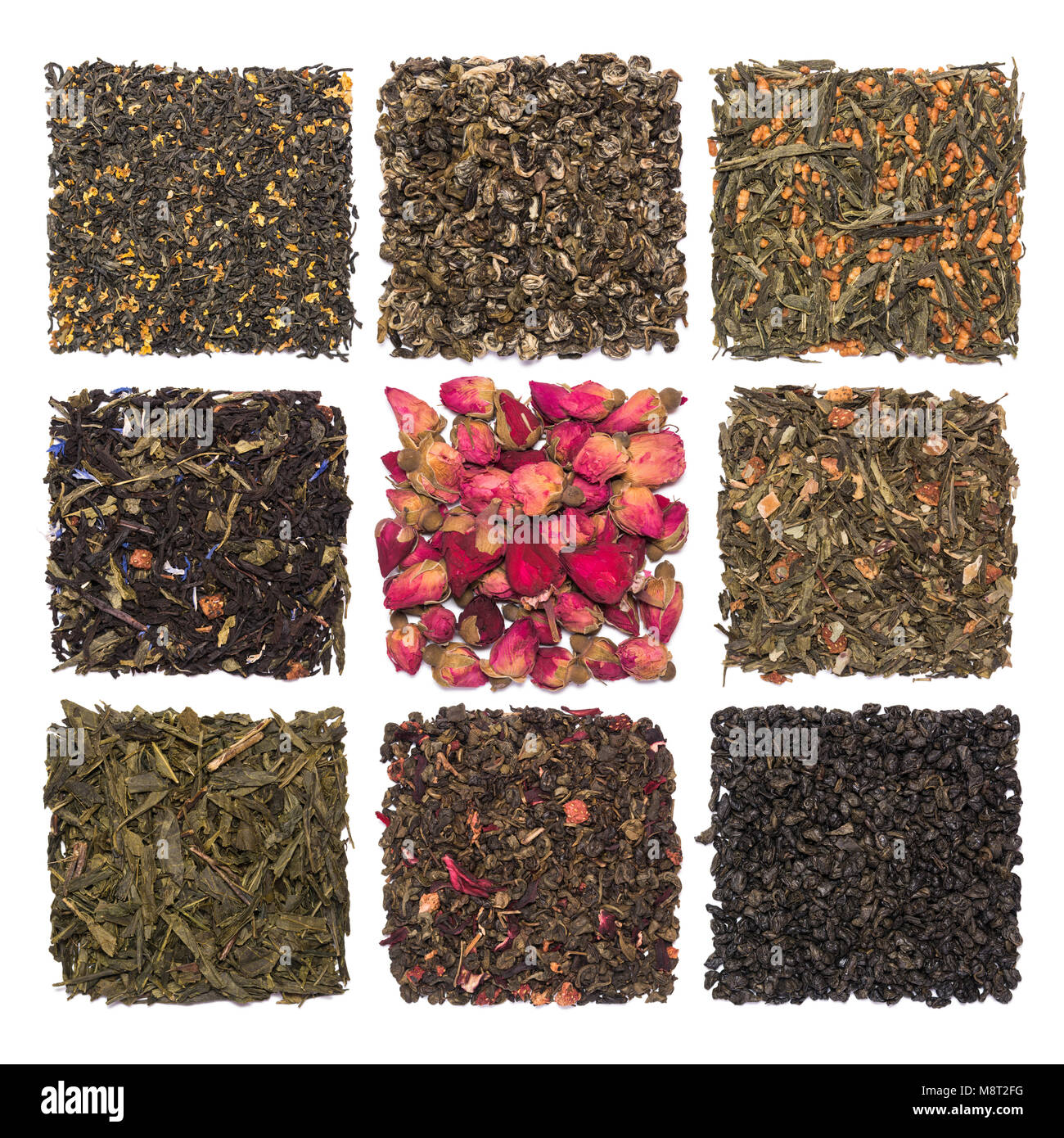 Set of dry herbal and floral tea Green, black, composition tea isolated ...