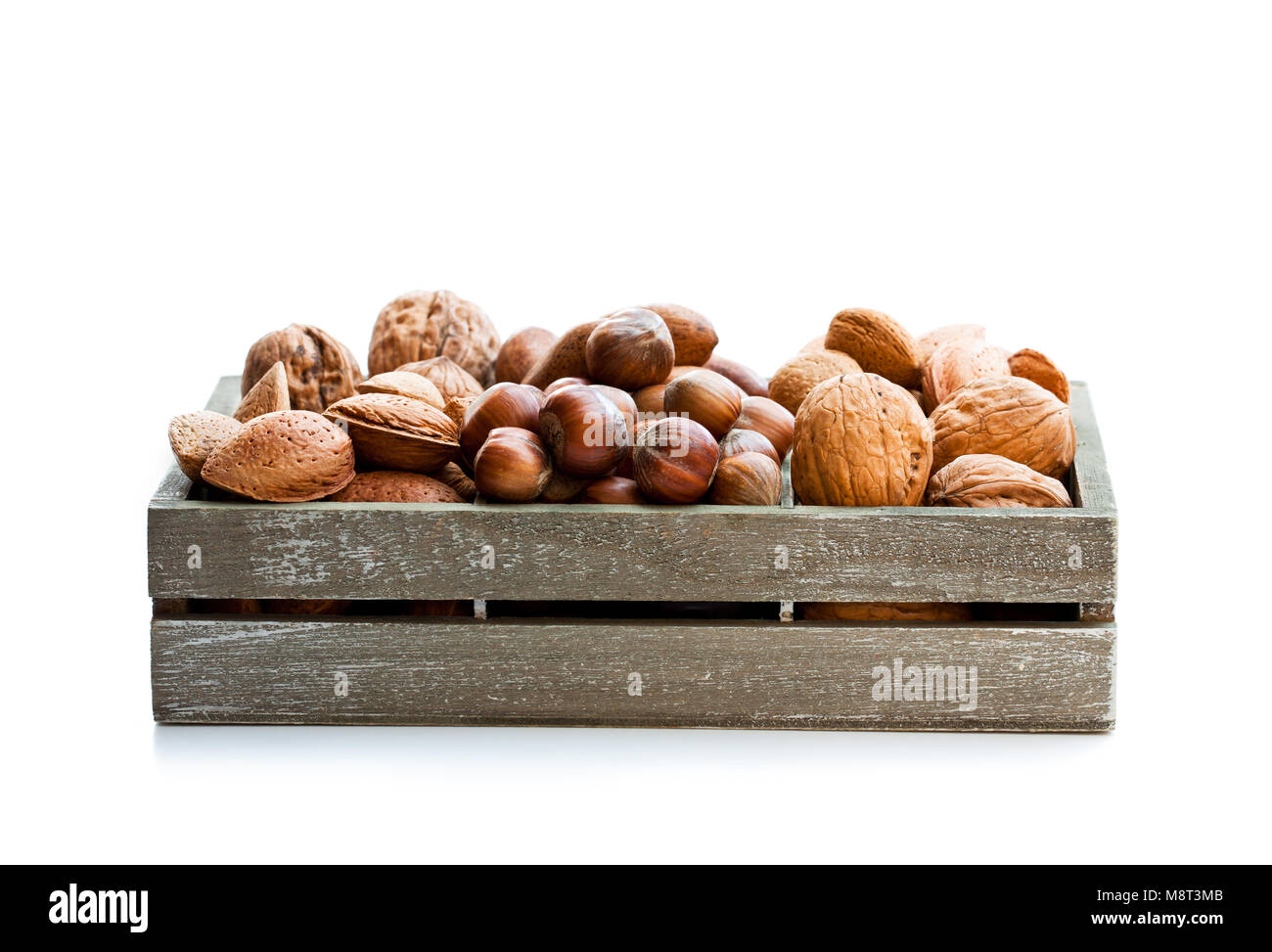 Various nuts in wooden box isolated on white Stock Photo - Alamy