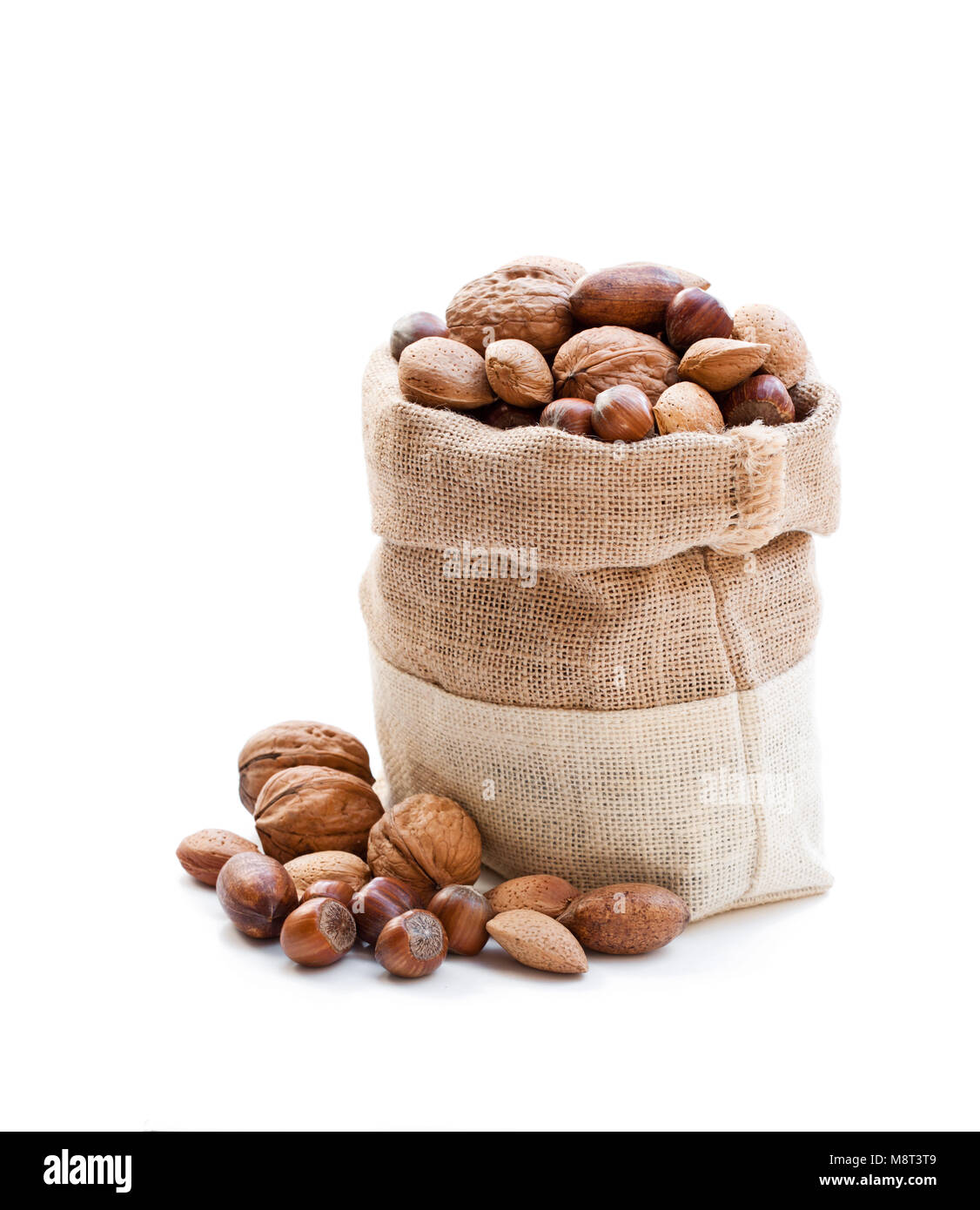 Various nuts in sackcloth bag isolated on white Stock Photo - Alamy