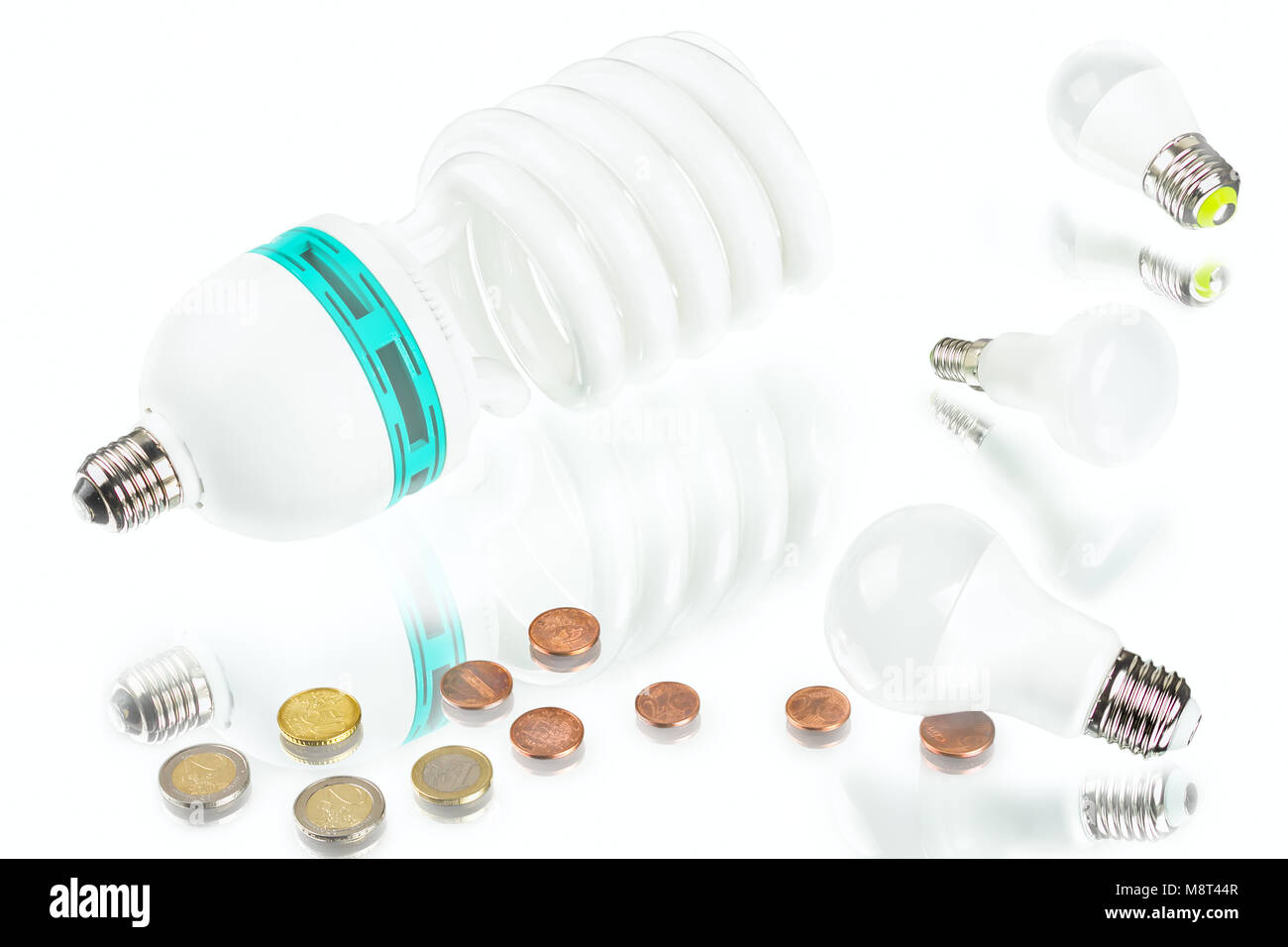 innovation energy-saving LED bulb, spiral lamp and coins on white ...