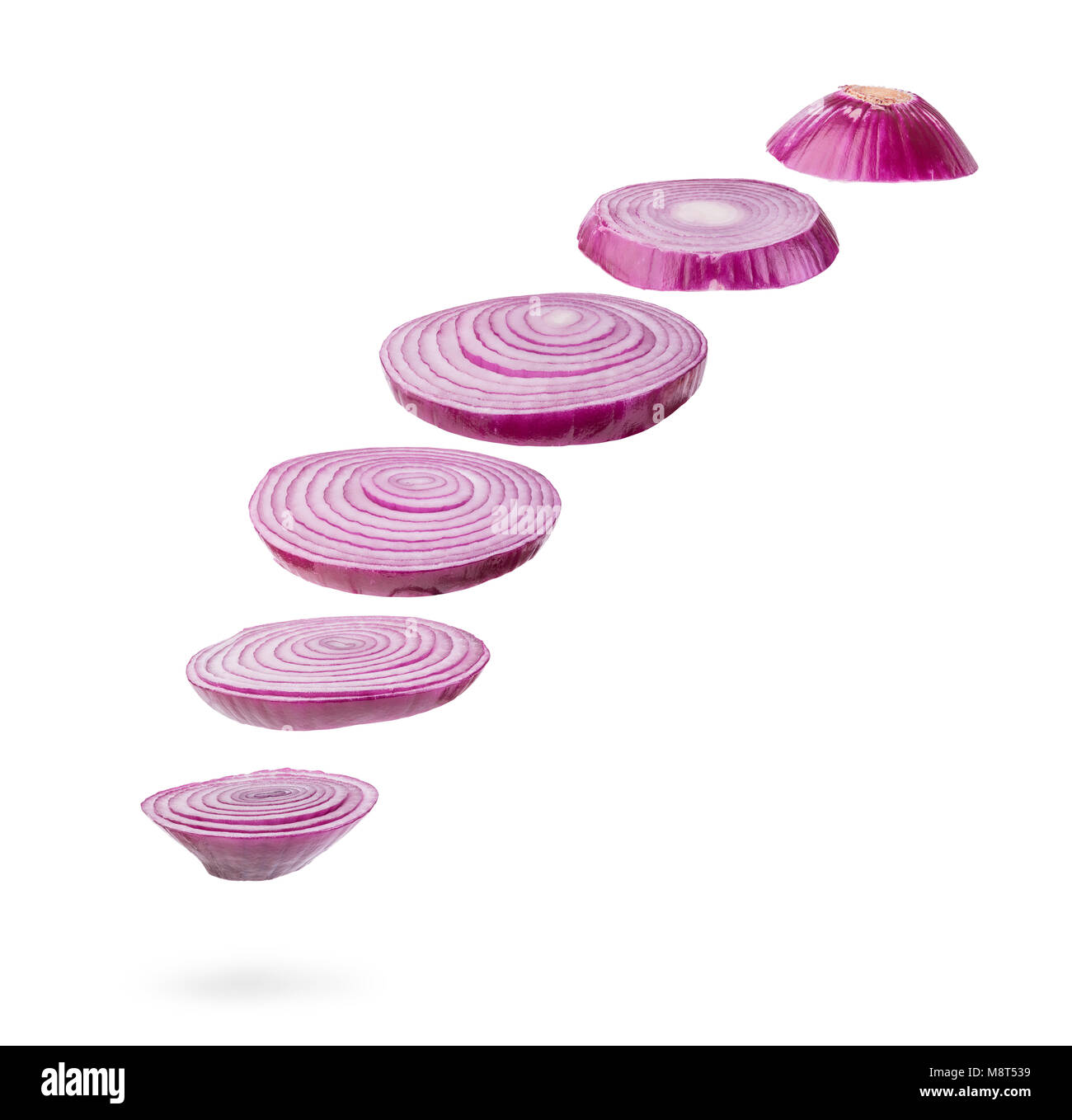 sliced and falling red onion isolated on white background Stock Photo ...