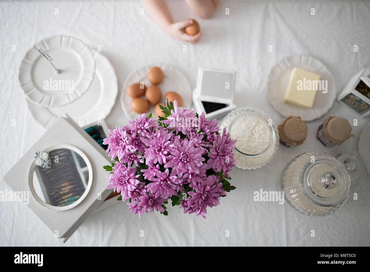 Having morning family breakfast on the kitchen top view Stock Photo - Alamy