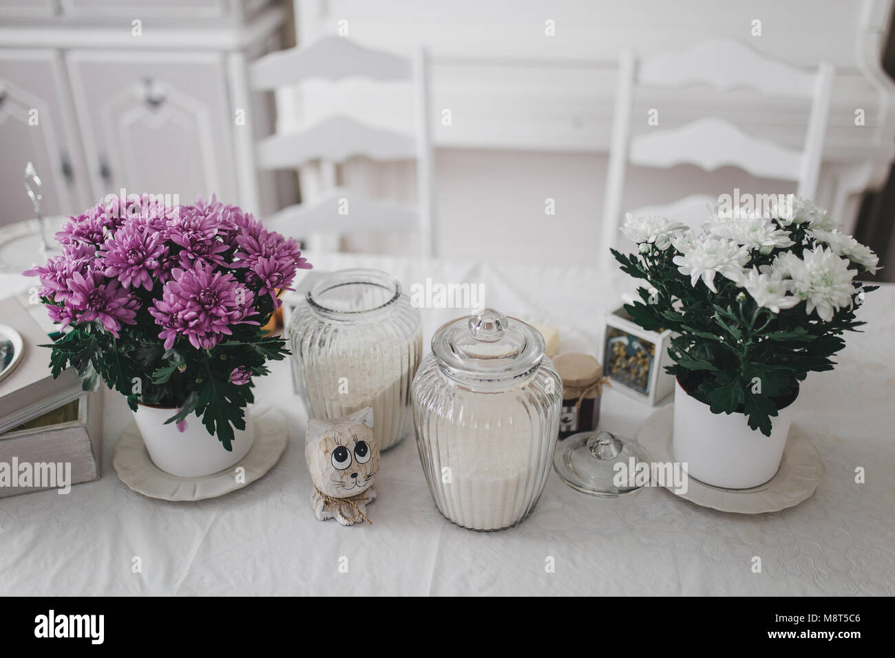 Having morning family breakfast on the kitchen top view Stock Photo - Alamy