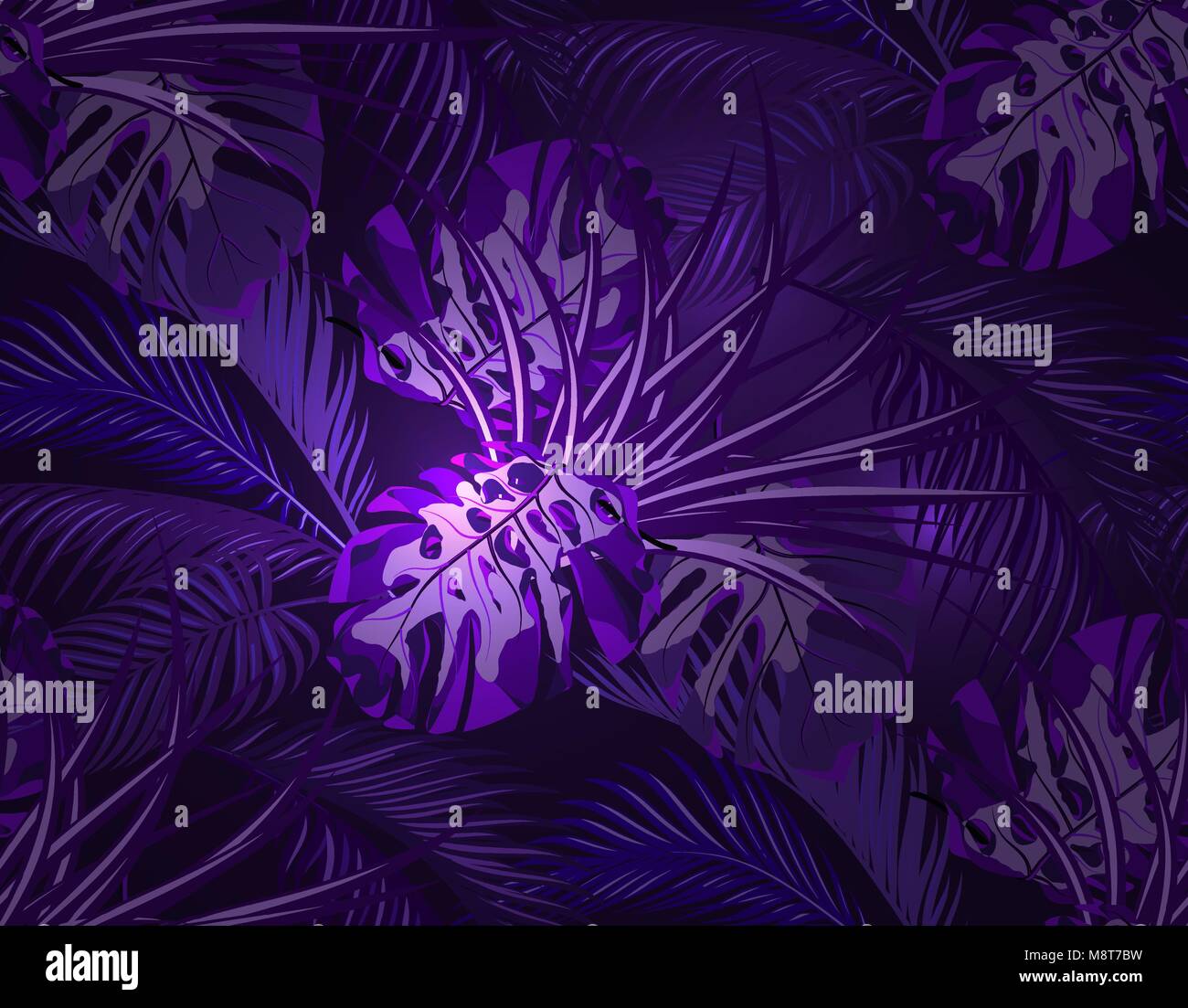 The jungle in the ultra violet light. Neon. leaves of tropical palm ...