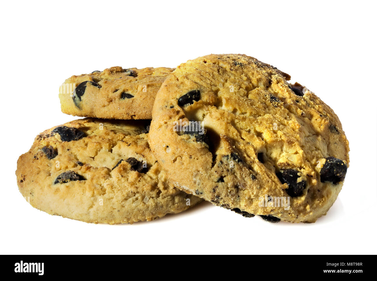 Three biscuits with chocolate chips on white background Stock Photo - Alamy