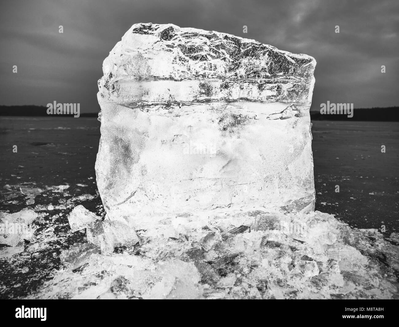 Natural ice blocks. Ice floe breaking due to strong wind against the ...