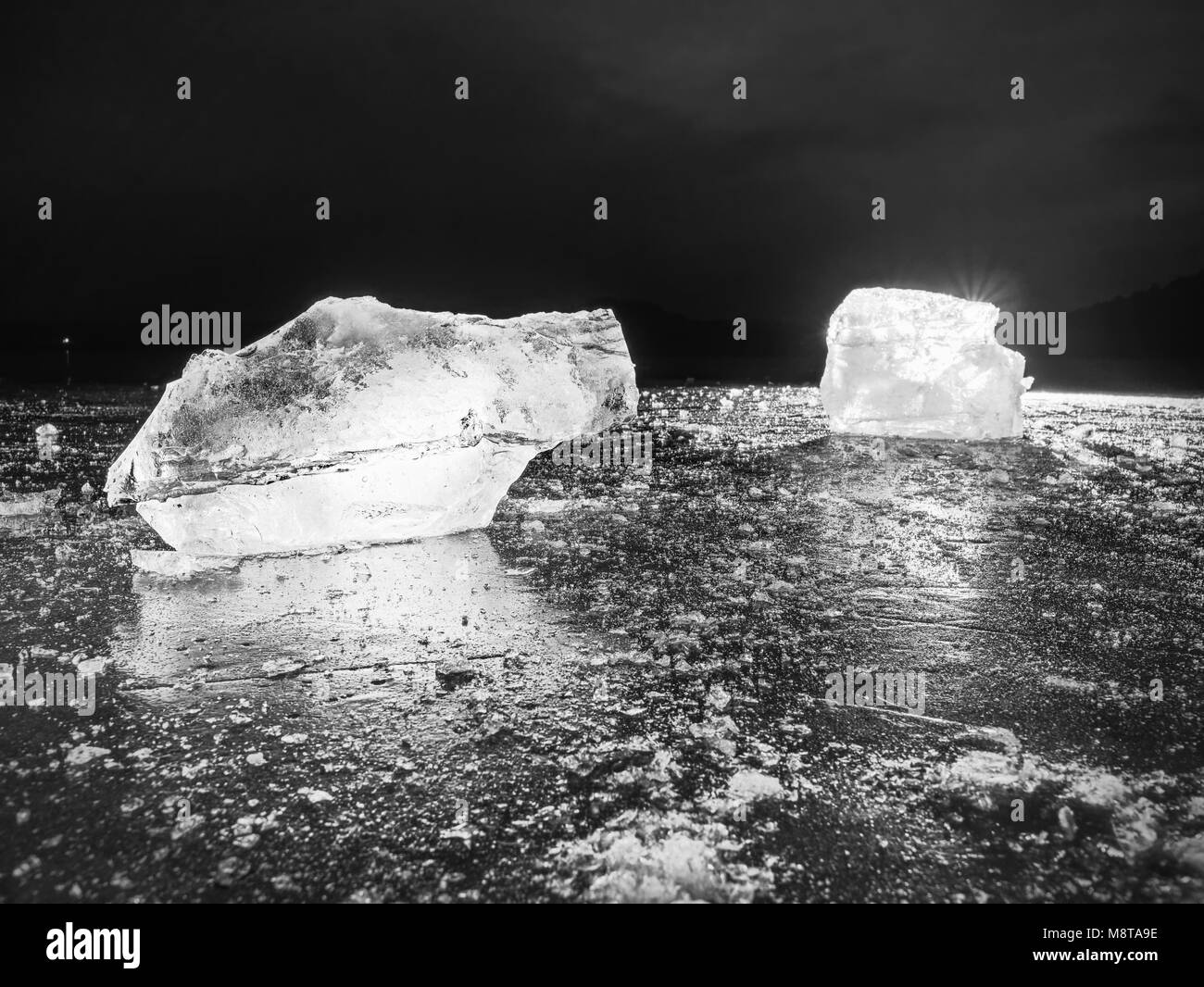 Ice cubes on a dark reflective ground. Glowing pieces of chopped ice ...