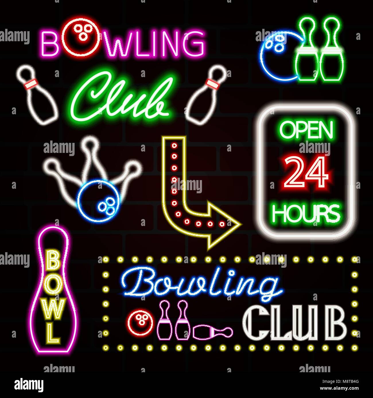 Bowling neon sign set. Bowling club logo, emblem. Vector illustration ...