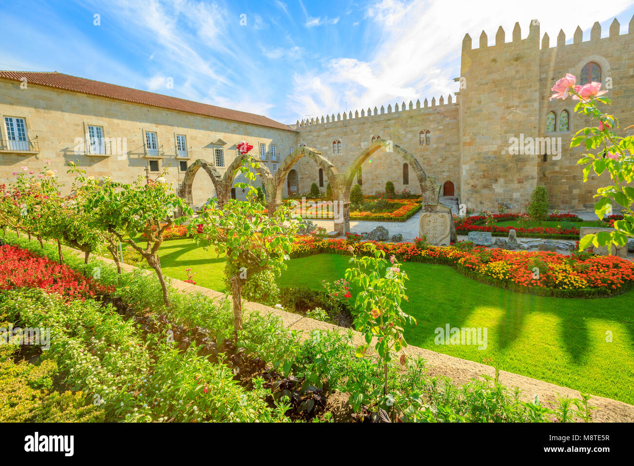 Aerial view of architectural complex with medieval arcade of Episcopal ...