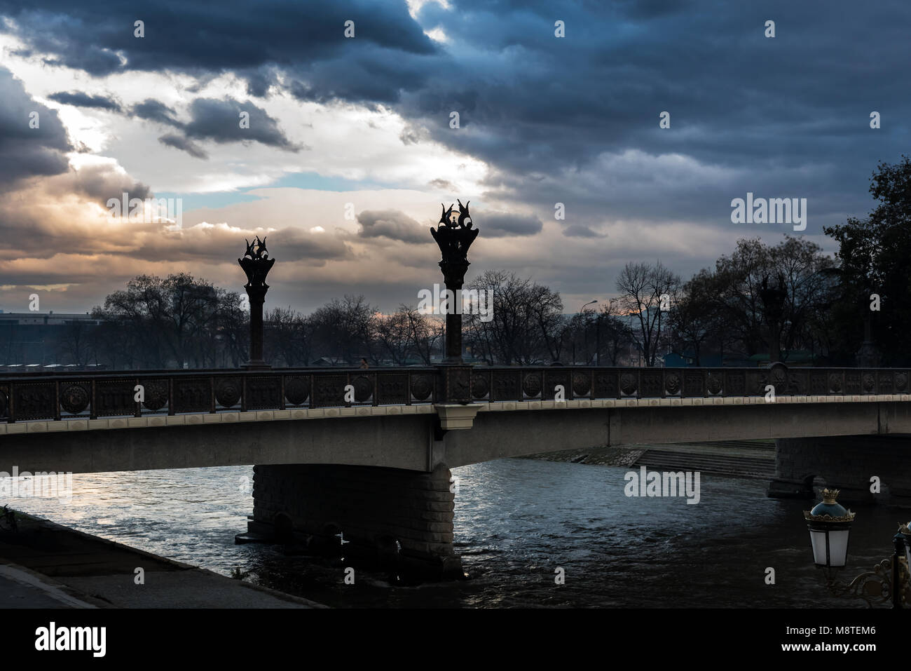 SKOPJE, MACEDONIA - City Center with walkway and a bridge over River ...