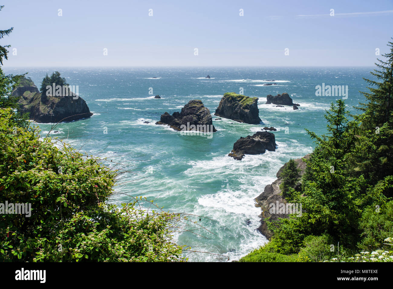 View of the Pacific Ocean with rock outcrops near Brookings, Oregon ...