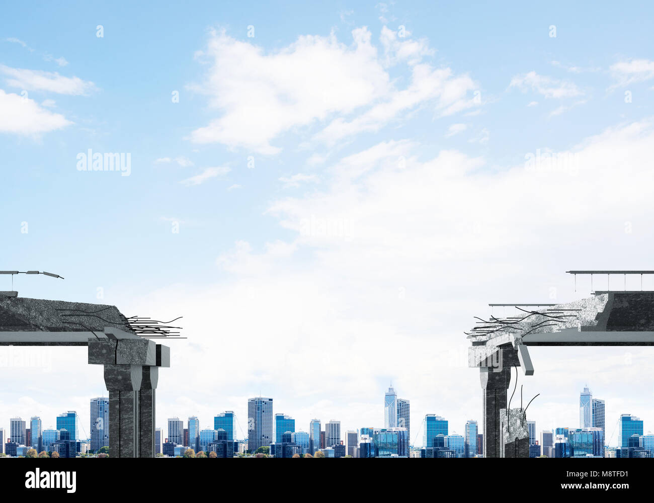 A gap in concrete bridge as symbol of danger and risk with cityscape on ...