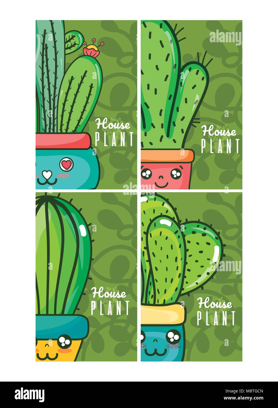 Set of cute houseplants cartoon cards on colorful frames Stock Vector ...
