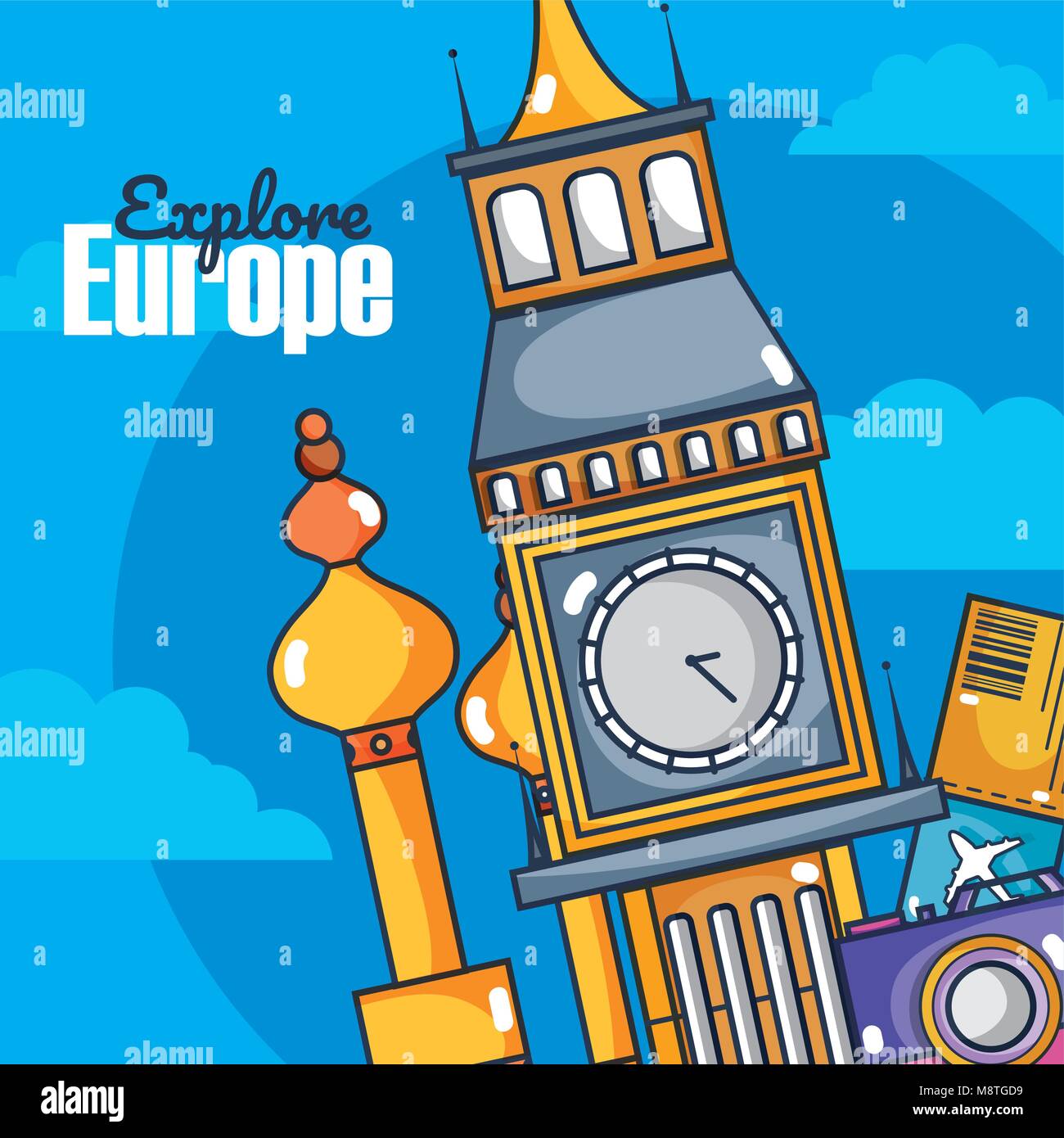 Travel and discover europe card over sky background Stock Vector Image ...