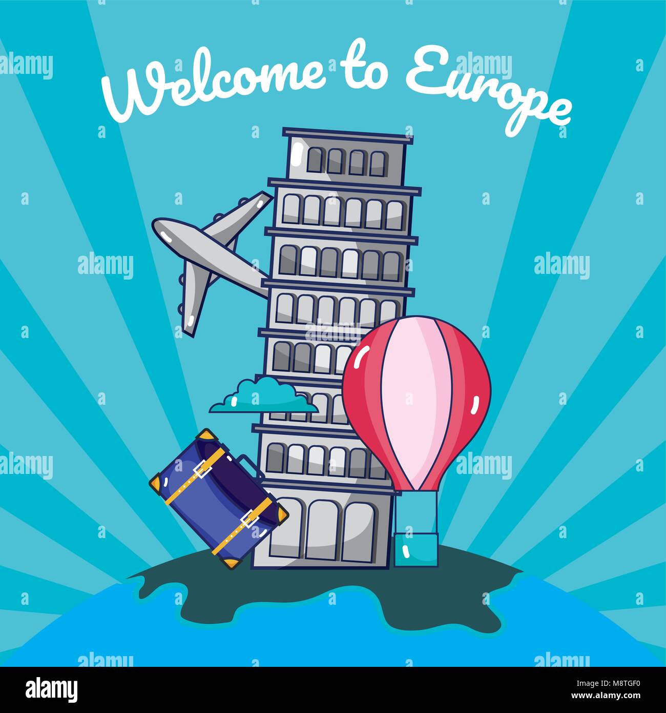 Travel and discover europe cartoons over striped blue background Stock ...
