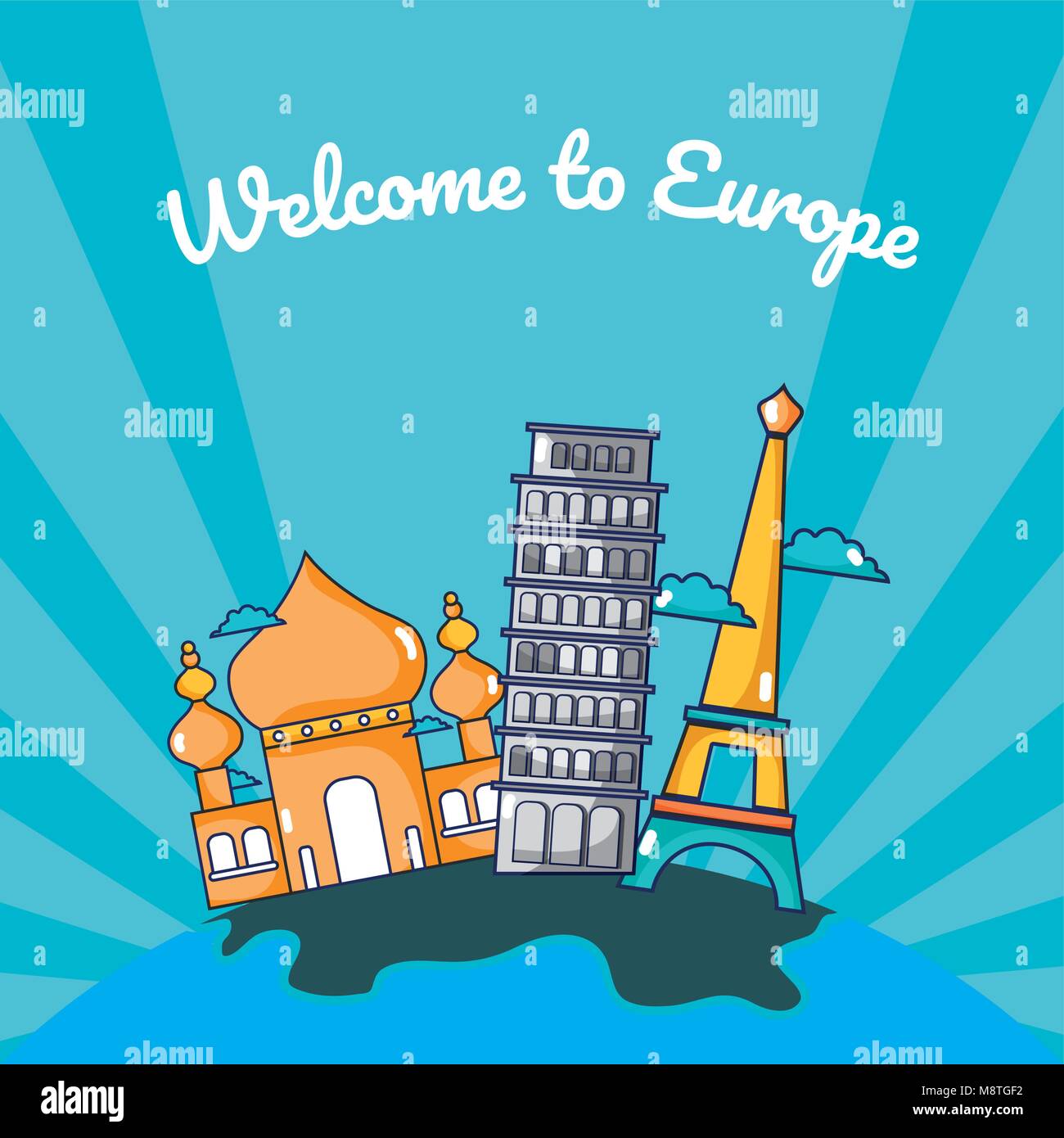 Travel and discover europe cartoons over striped blue background Stock ...