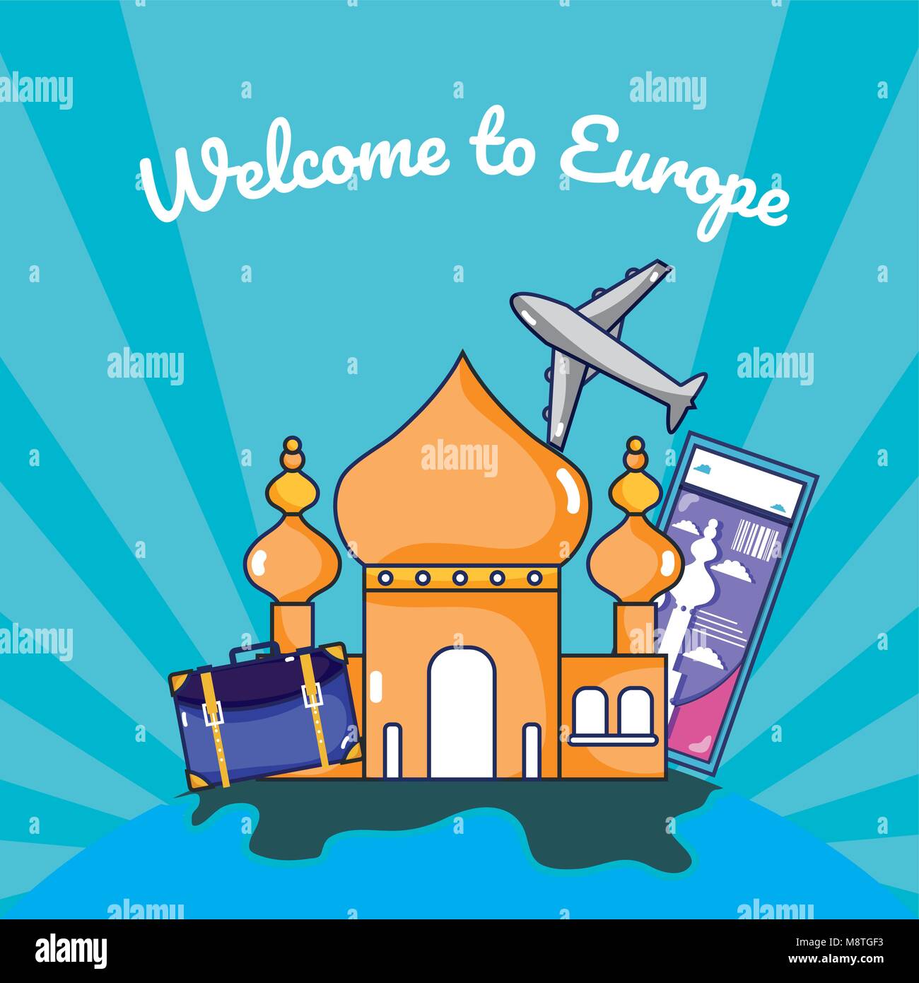 Travel and discover europe cartoons over striped blue background Stock ...