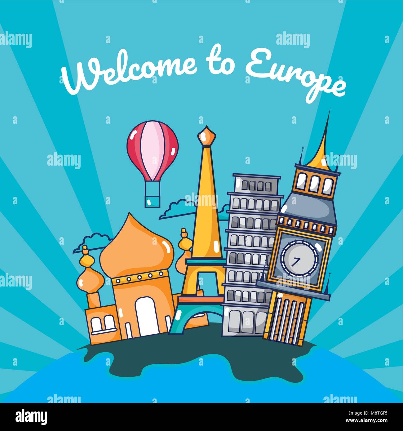 Travel and discover europe cartoons over striped blue background Stock ...