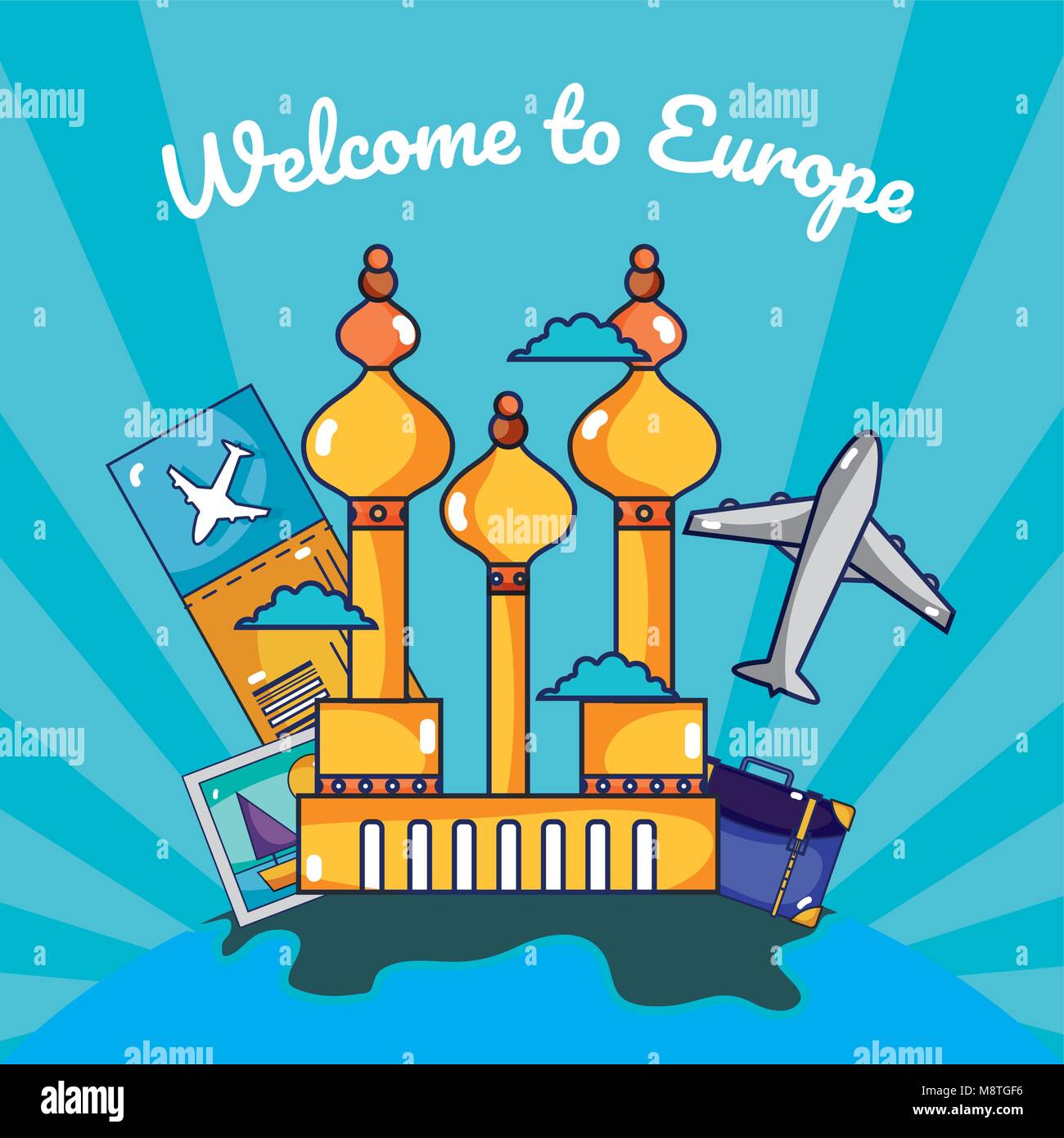 Travel and discover europe cartoons over striped blue background Stock ...