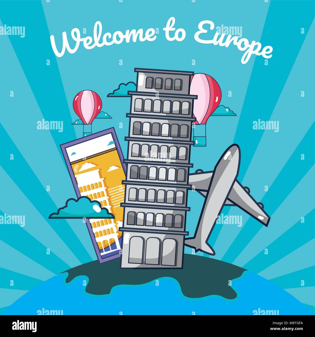 Travel and discover europe cartoons over striped blue background Stock ...