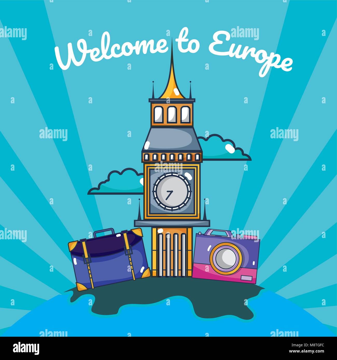 Travel and discover europe cartoons over striped blue background Stock ...