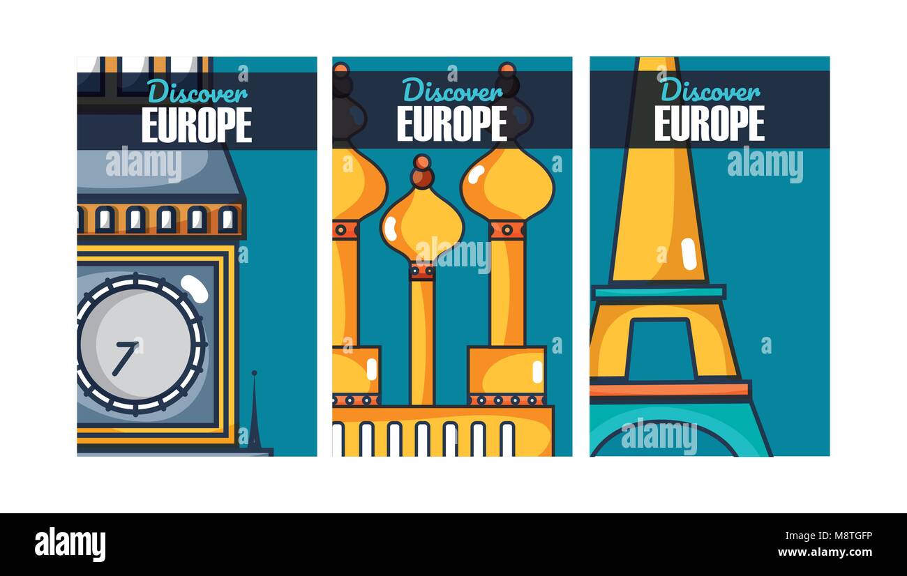 Travel and discover europe on colorful frames cartoons Stock Vector ...