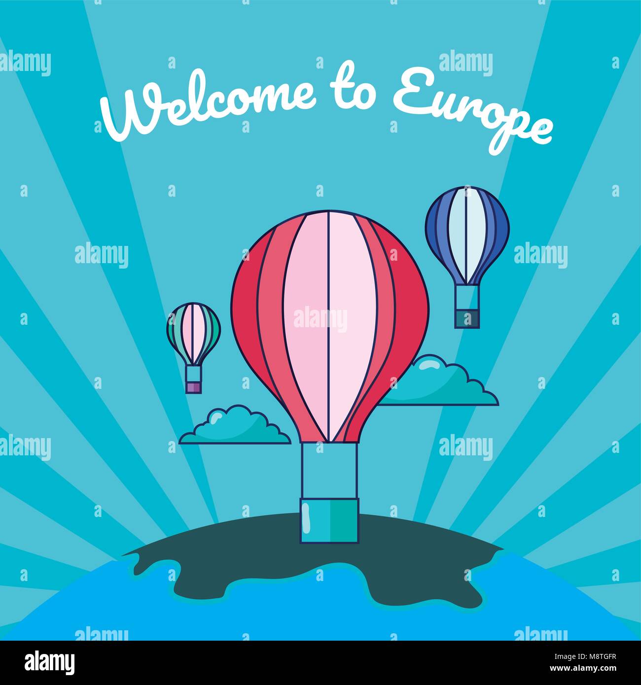 Travel and discover europe cartoons over striped blue background Stock ...