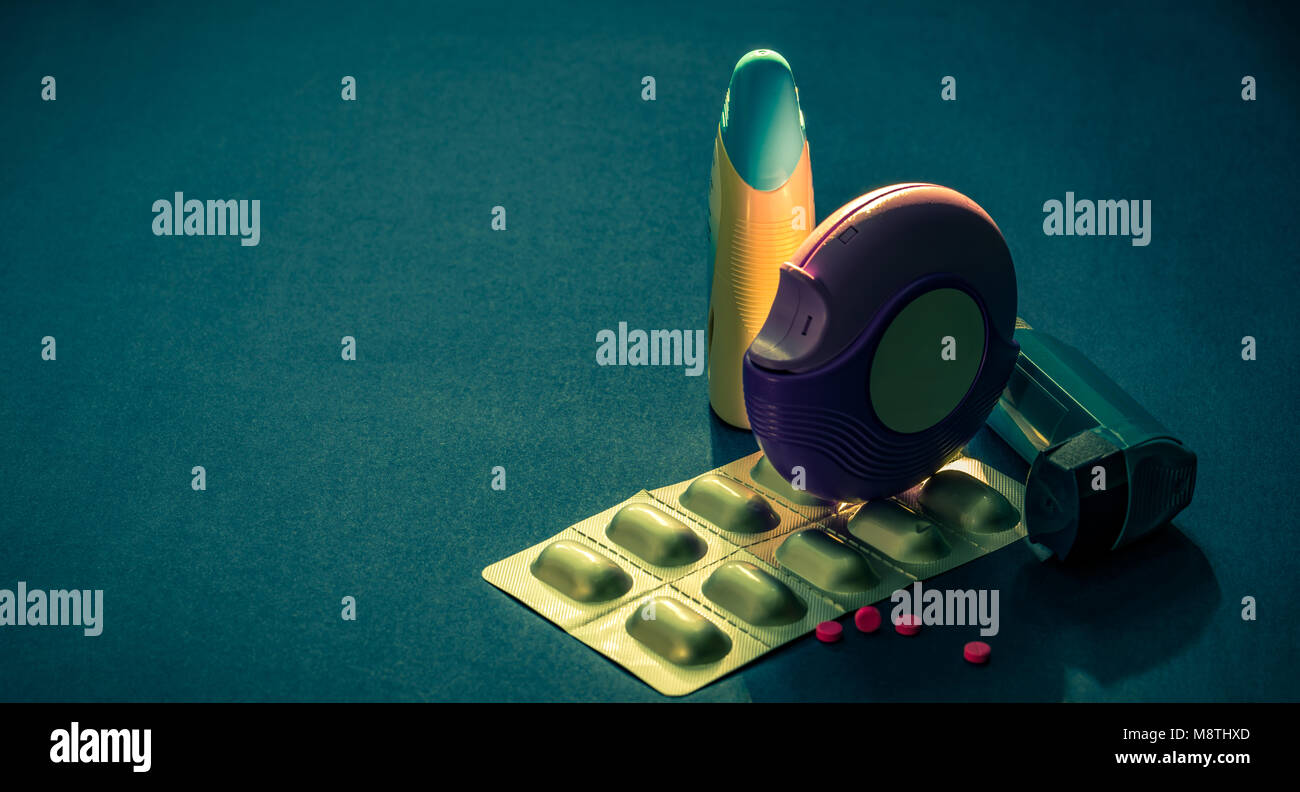 Set of asthma inhaler, accuhaler and anti-allergy pills for treatment ...