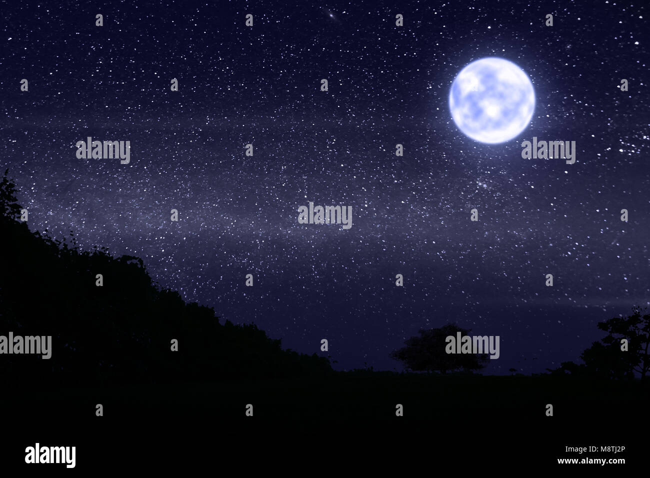 Dark night with many stars and bright moonlight above the grass field ...