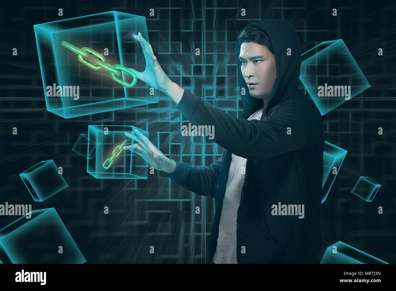 Young asian man with virtual blockchain. Blockchain technology concept ...