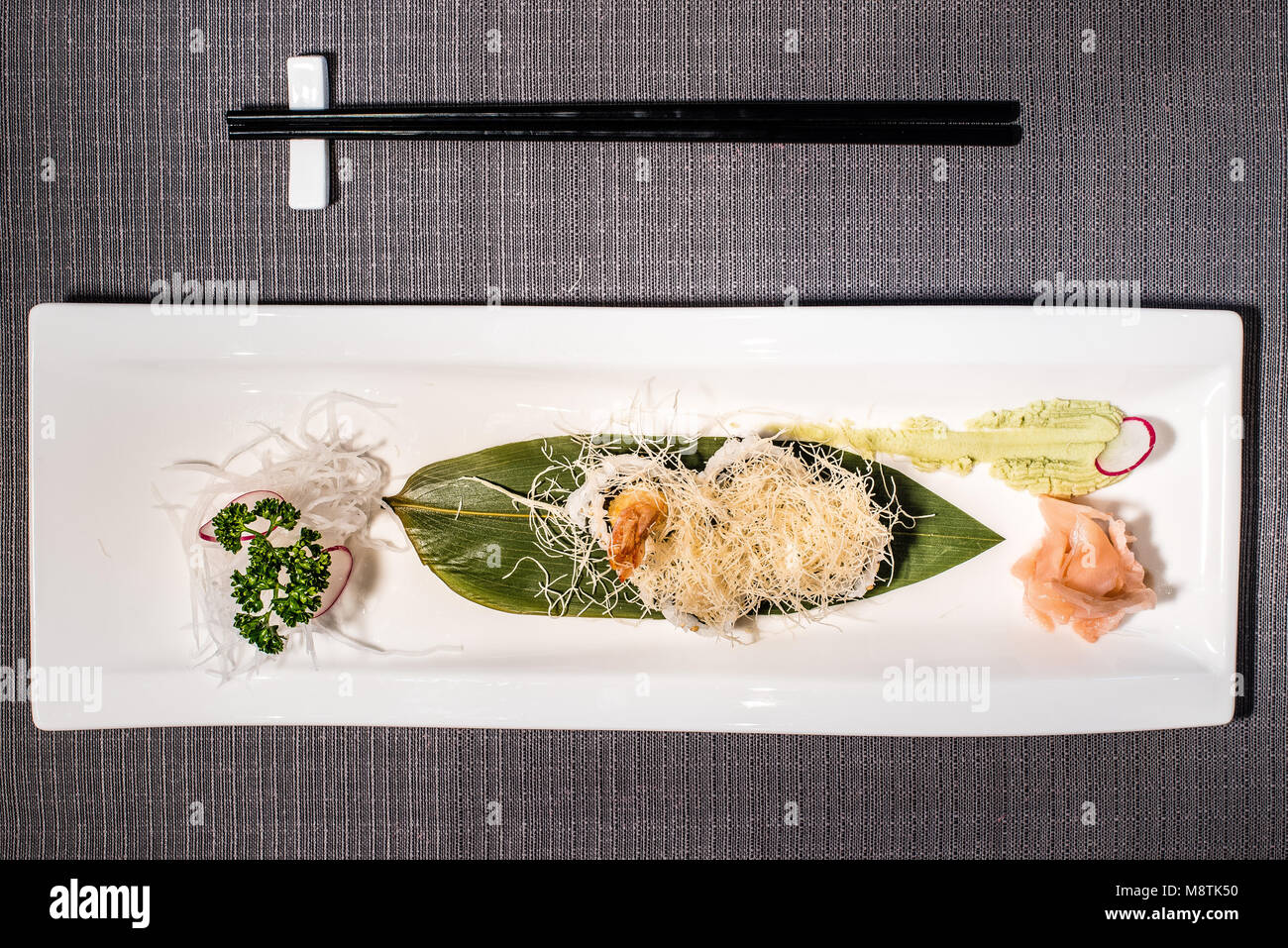 red shrimp tempura with wasabi, radish and daikon julienne, wasabi ...