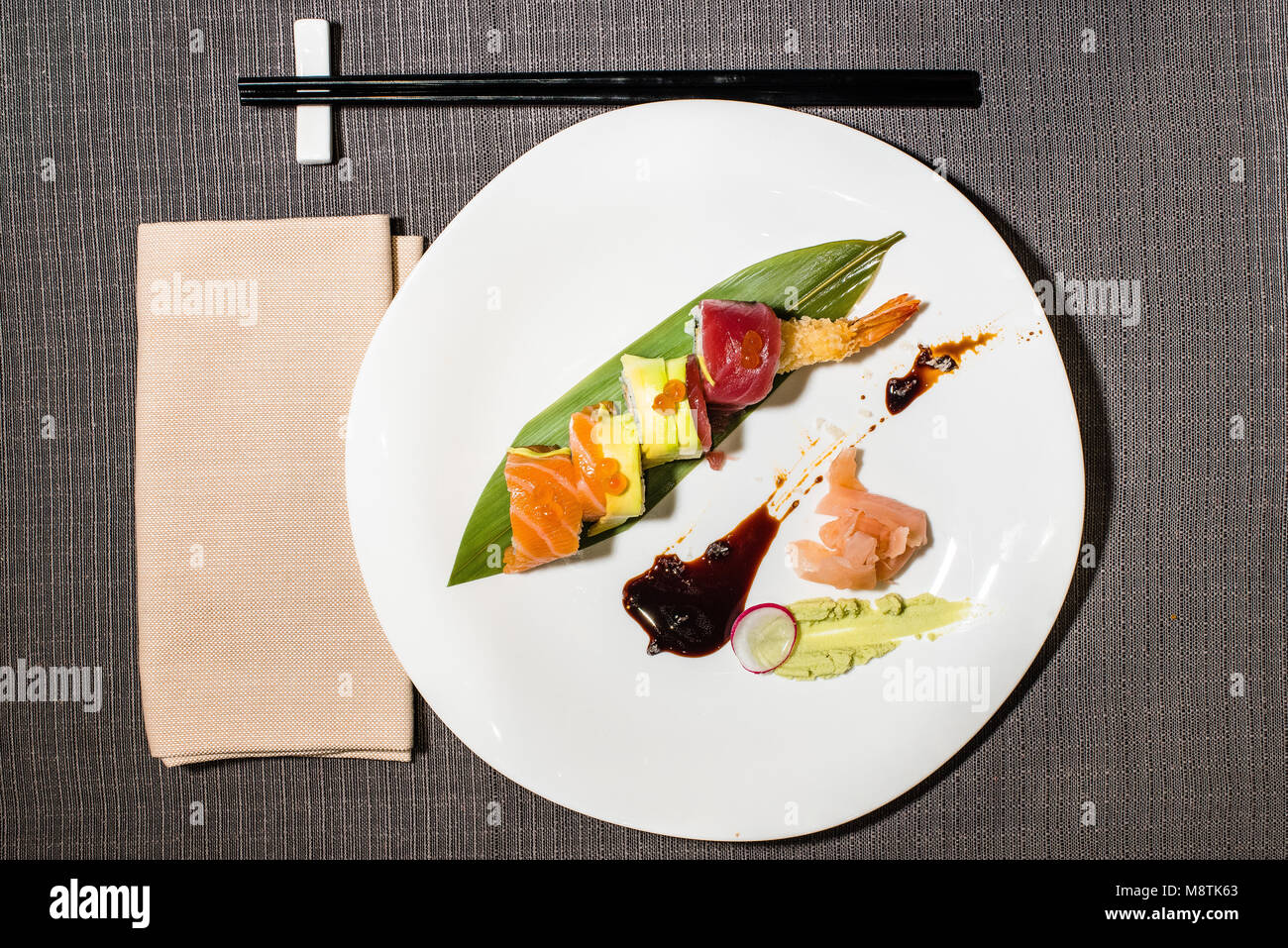 shrimp uramaki with bluefin tuna, avocado, salmon, tamari, wasabe and ...