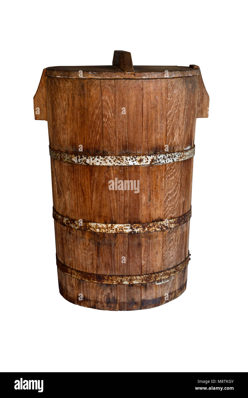 old wood bucket isolated on white background Stock Photo - Alamy
