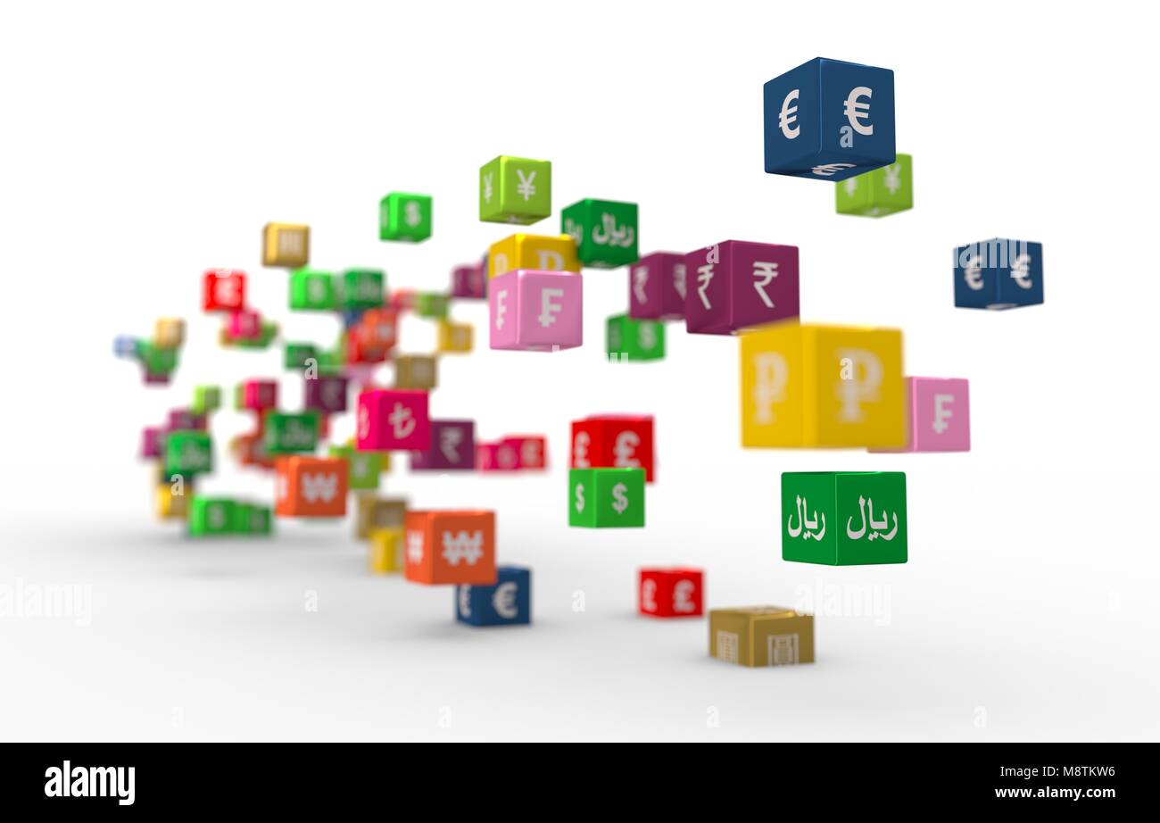 Currency symbols on floating boxes Stock Photo - Alamy