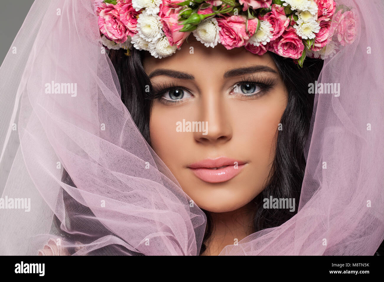 Beautiful Woman Face. Cute Young Female Model with Makeup and Rose ...
