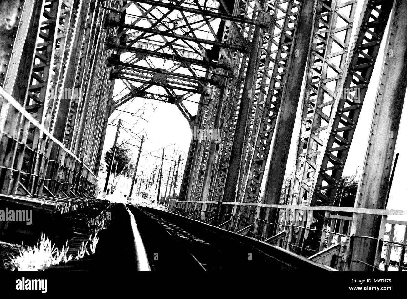 Railway construction crossing view Black and White Stock Photos ...