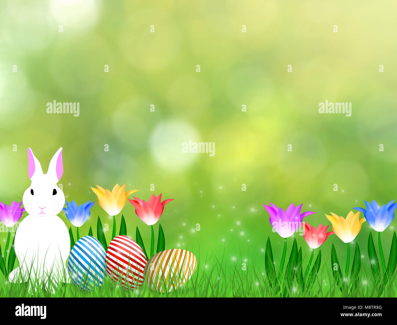Easter springtime background with rabbit, eggs, flowers decorations ...