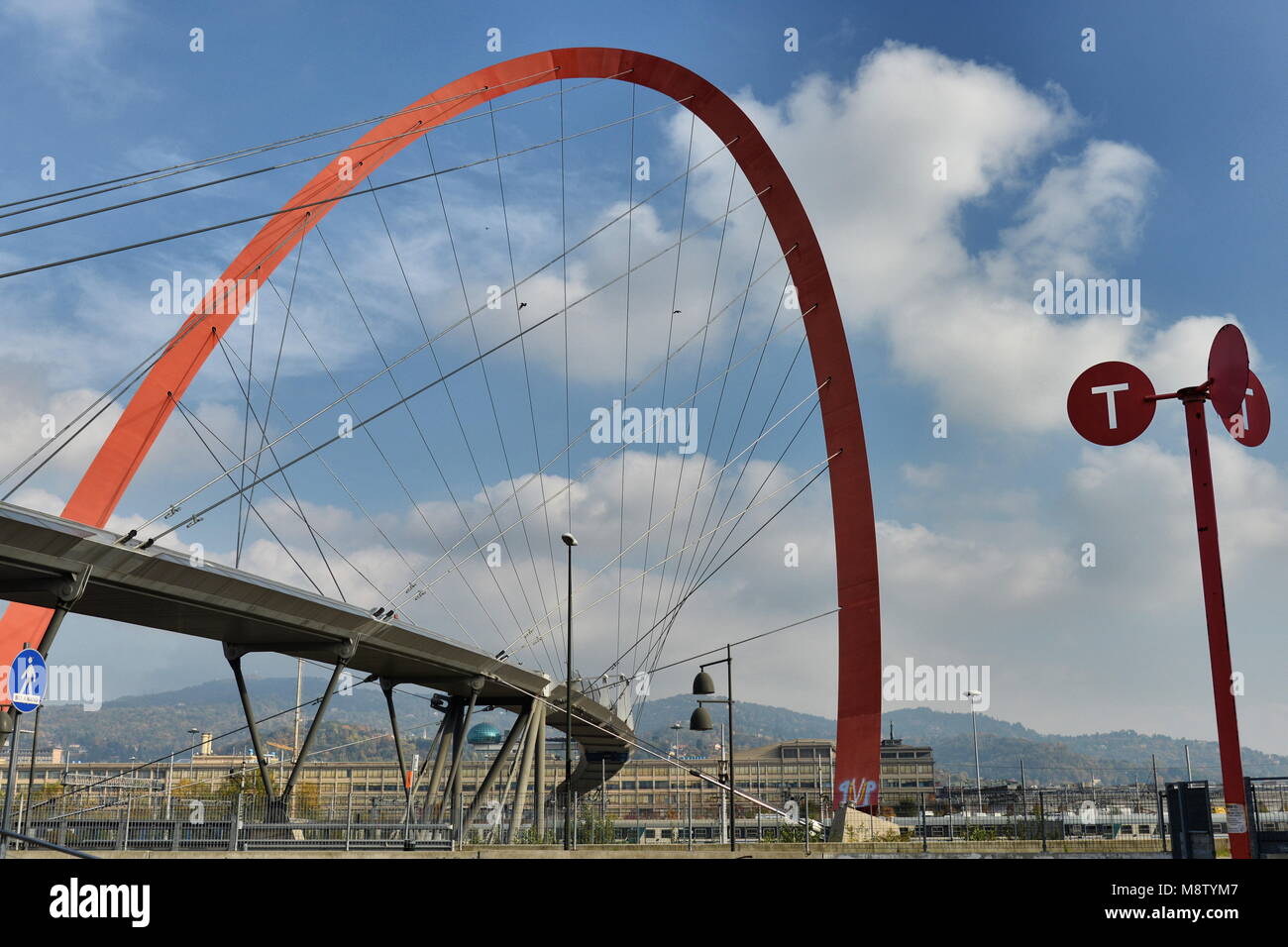 Red arch over boardwalk bridge Turin Italy circa May 2016 Stock Photo ...