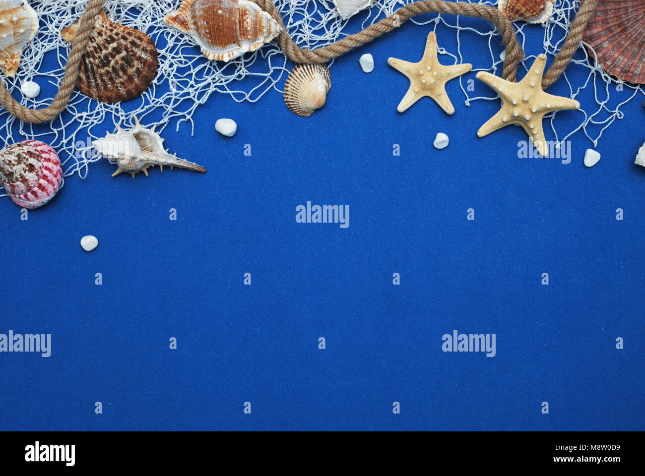 Starfish, Shell, Stones, Rope and Net Against a Blue Background. Summer ...