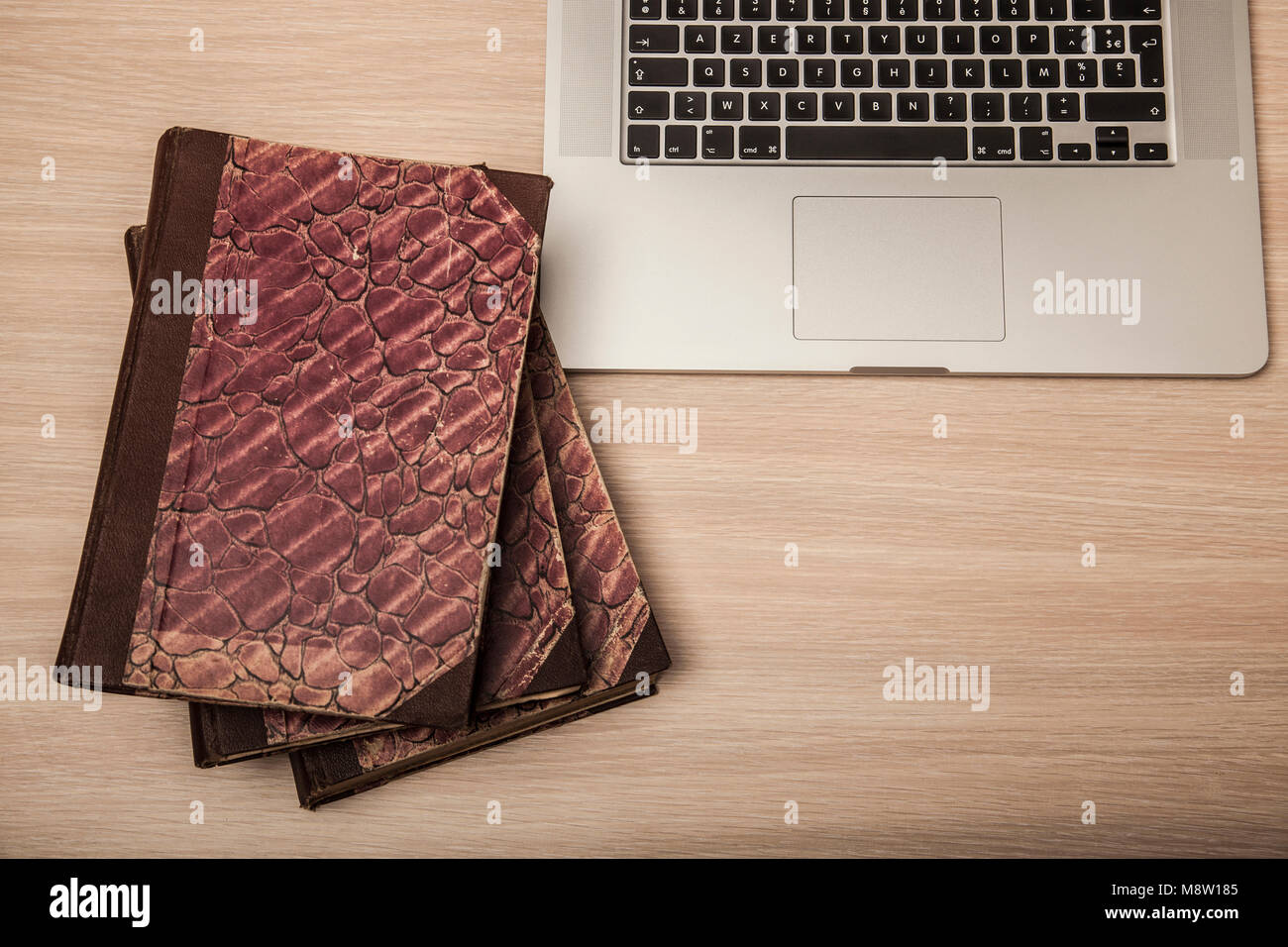 table office top view, books and computer Stock Photo - Alamy