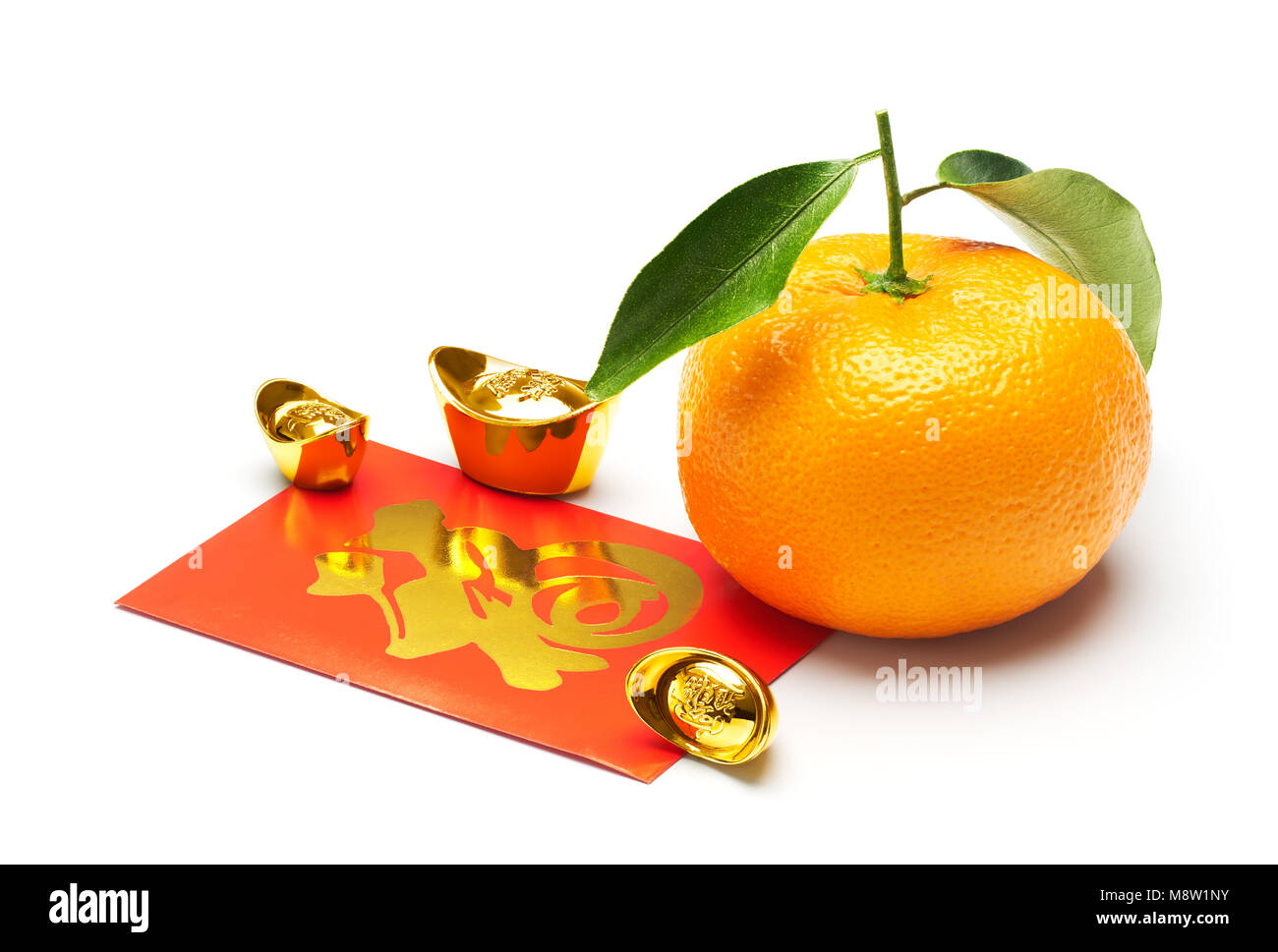 Mandarin orange, chinese gold and red packet isolated on white ...