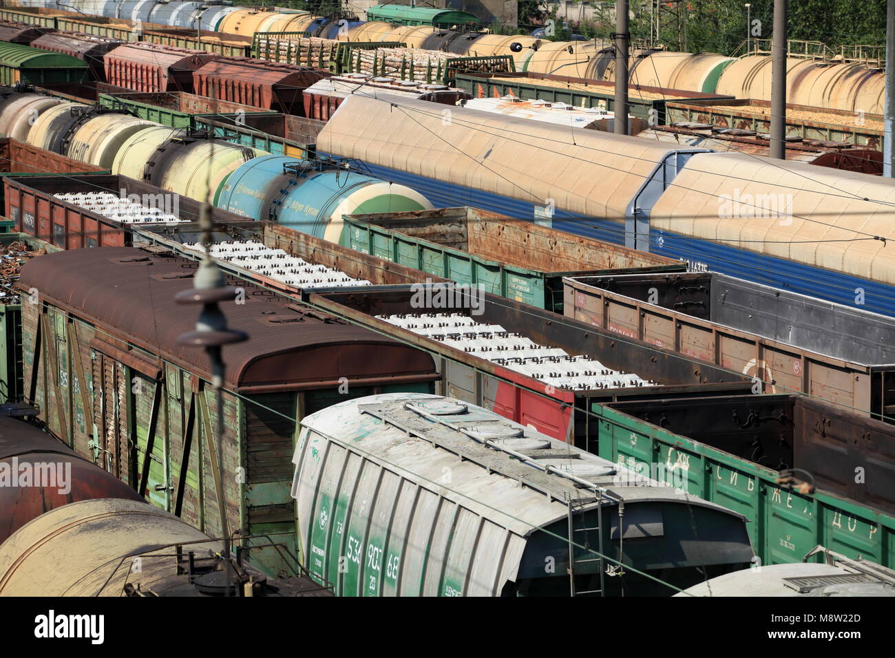 A train yard full of freight trains High Angle View Stock Photo - Alamy