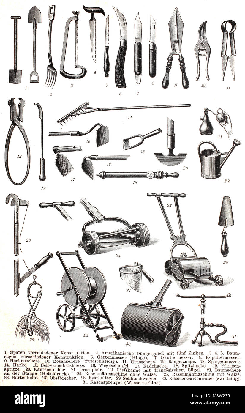various tools for working in the garden, digital improved reproduction ...