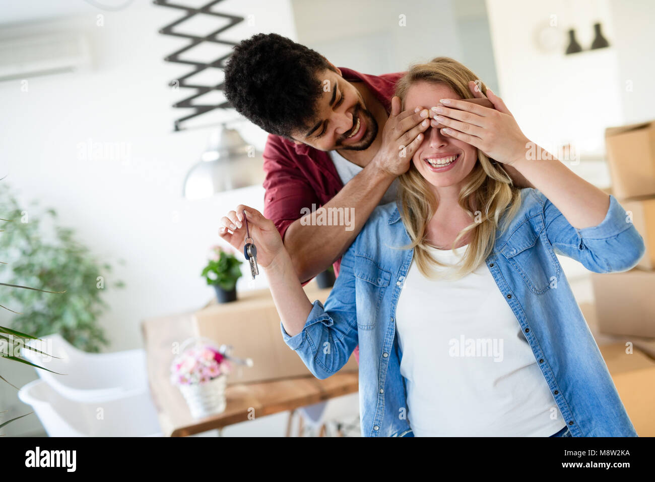 home, people, moving and real estate concept - happy couple having fun ...