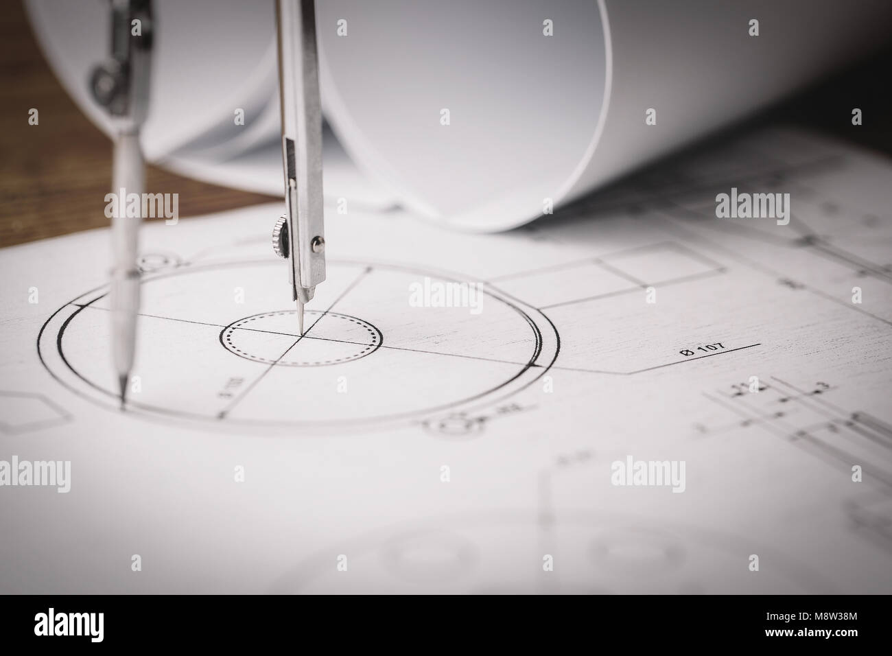 Workplace - technical project drawing with engineering tools ...