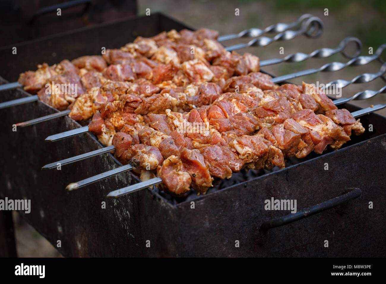 Delicious barbecue kebab grilling on open grill, outdoor kitchen. tasty ...